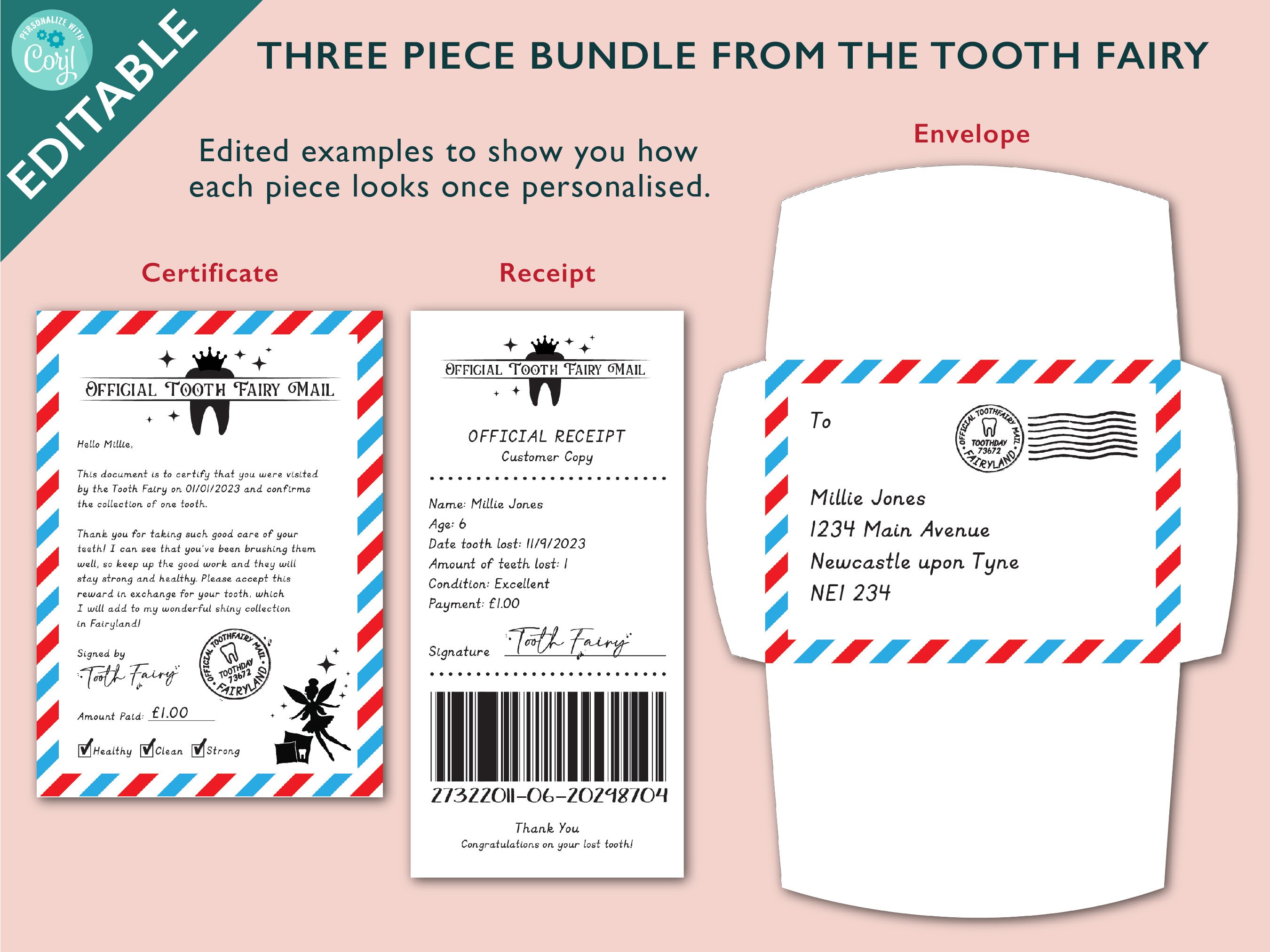 EDITABLE Tooth Fairy BUNDLE: Realistic Miniature Letter, Receipt and ...