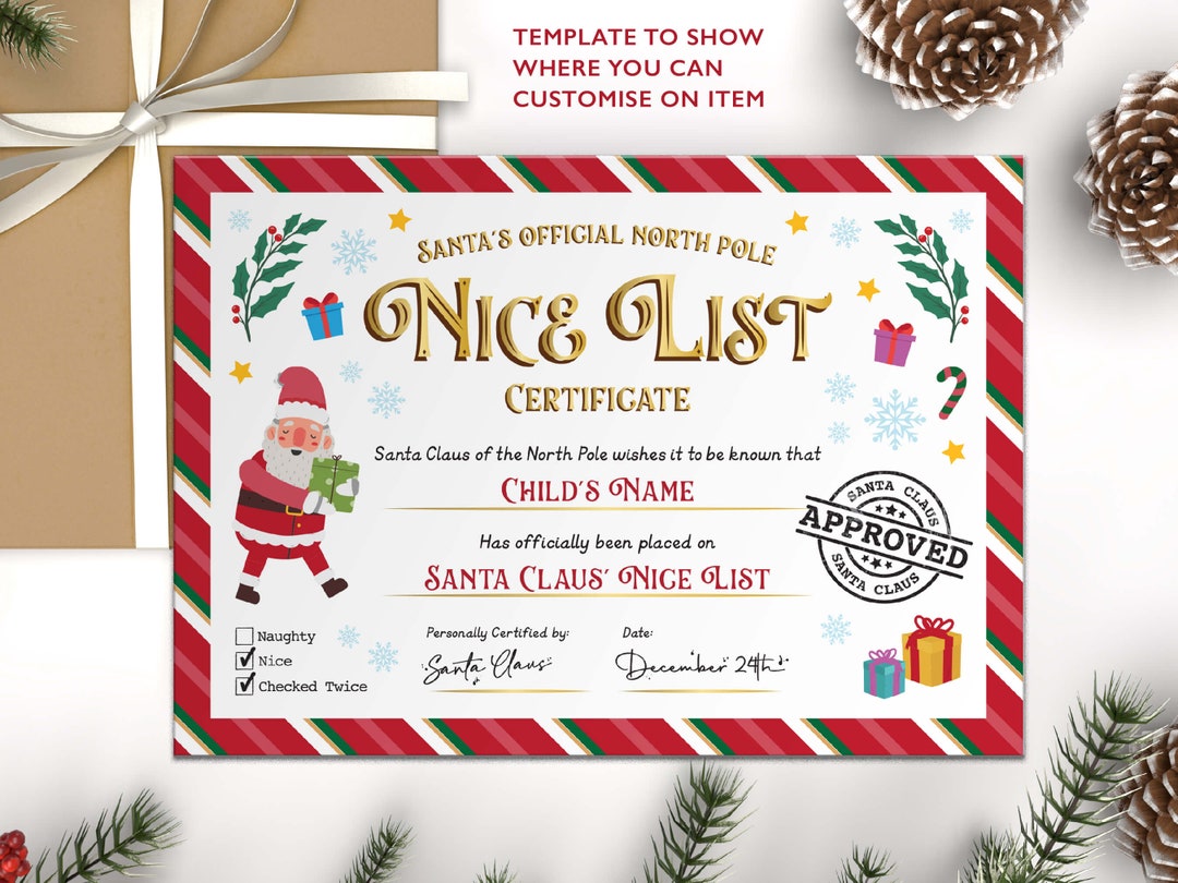 EDITABLE Official Nice List Certificate From Santa, North Pole Mail ...