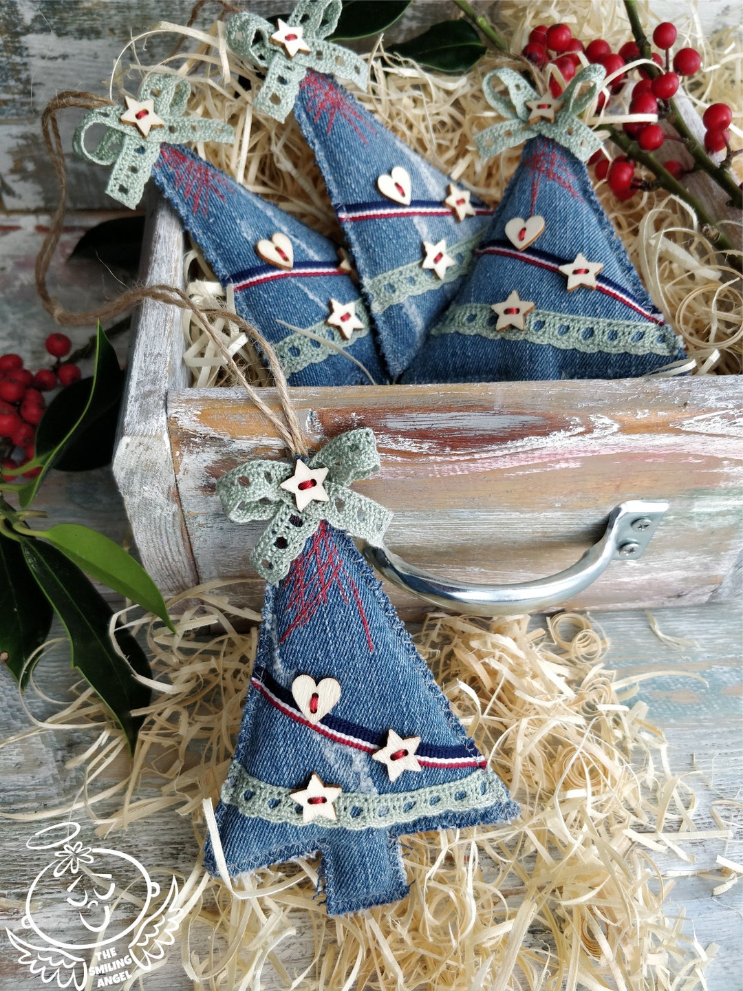 Denim Christmas Tree Ornaments, Upcycled Denim Christmas Set, Jeans ...