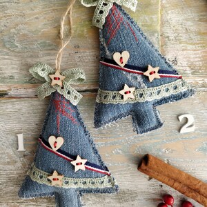 Denim Christmas Tree Ornaments, Upcycled Denim Christmas Set, Jeans ...