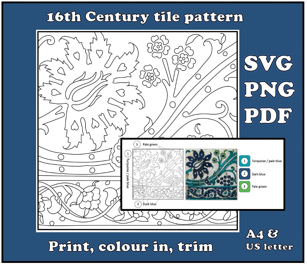 16th Century Islamic Art Tile Pattern Printable Black and White Line ...