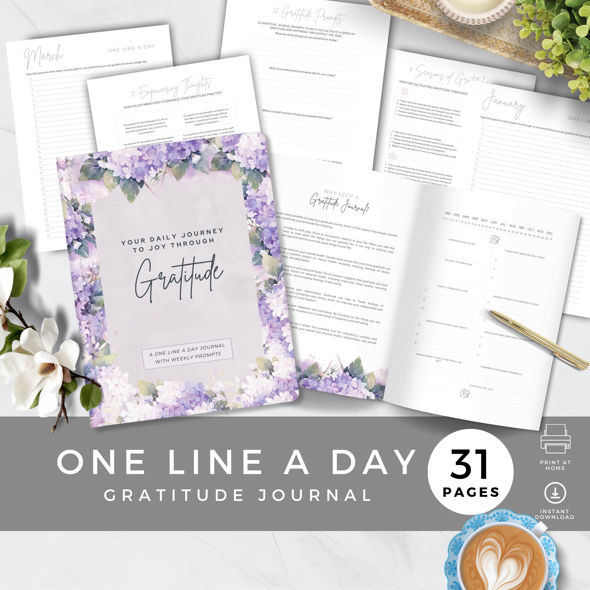 One Line A Day Journal Printable, Gratitude Worksheets PDF, Daily 5 ...