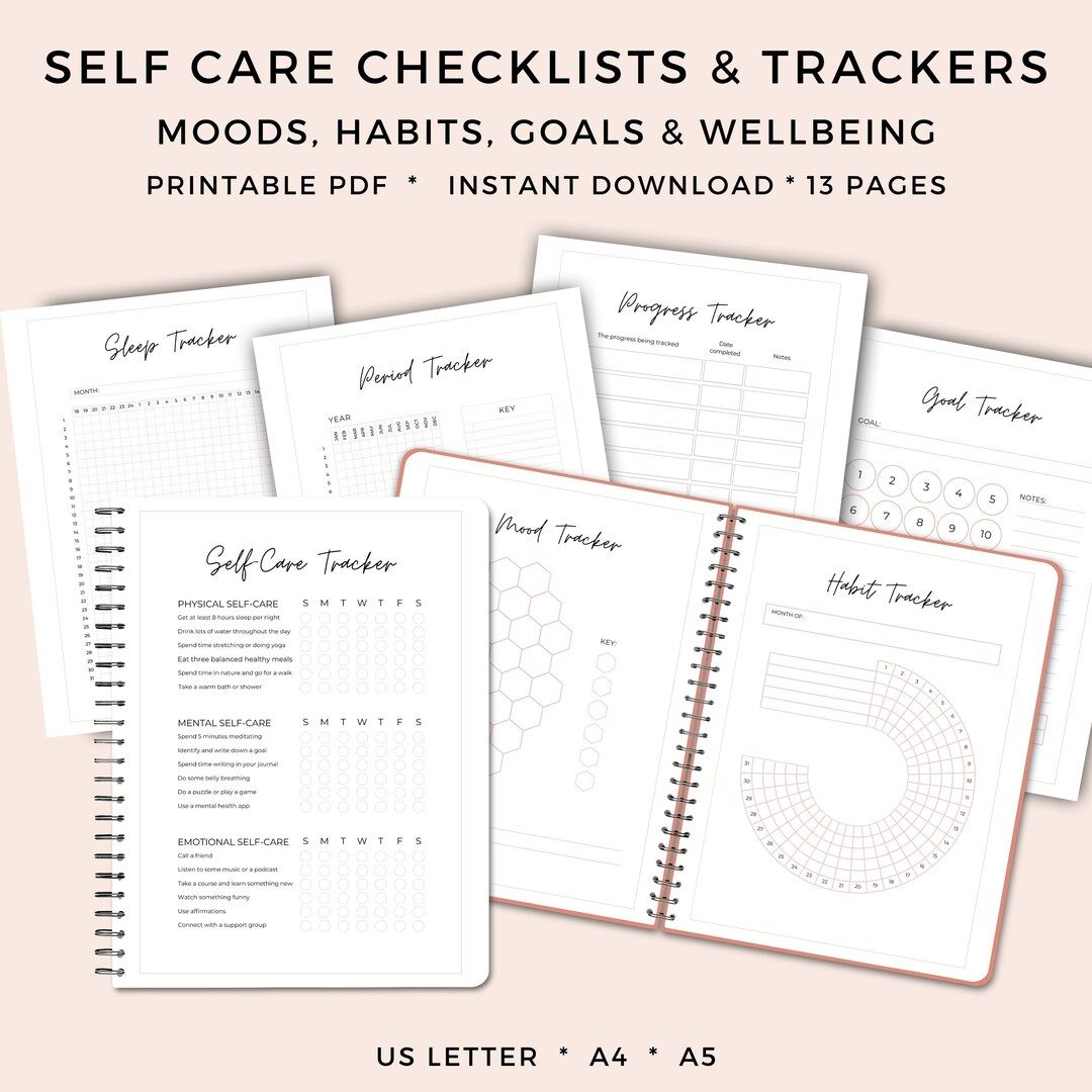 Self Care Trackers, Daily Checklists, Monthly Mood Log, Goal Setting ...