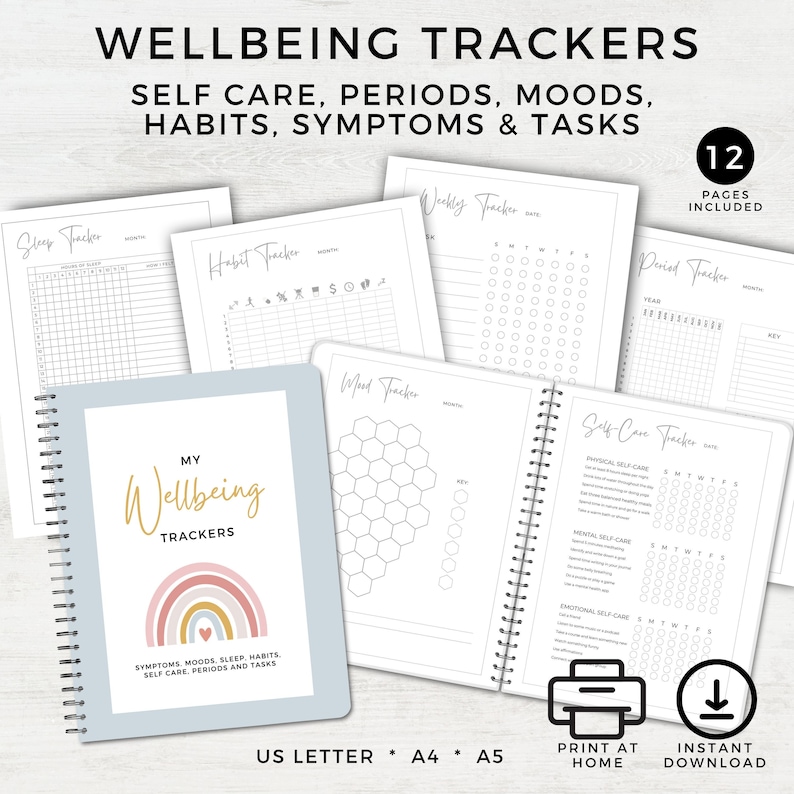 Wellbeing Printable Trackers, Self Care, Mood, Sleep, Habits, Mental ...
