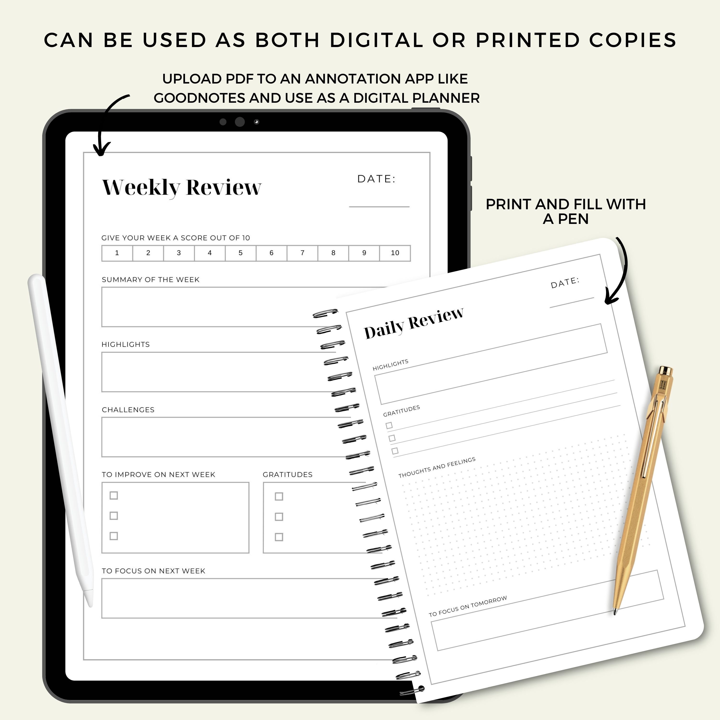 Daily Review, Printable, Weekly Journal, Monthly Reflection, Gratitude ...