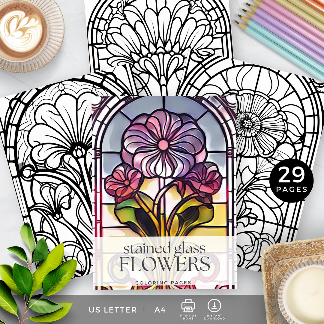 Stained Glass Flower Coloring Book for Mindfulness, Art Nouveau Floral ...