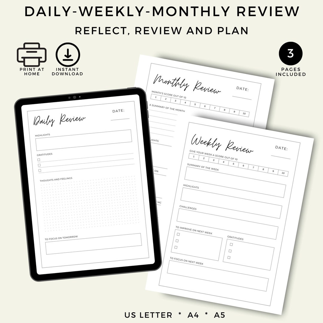 Daily Review, Printable, Weekly Journal, Monthly Reflection, Gratitude ...