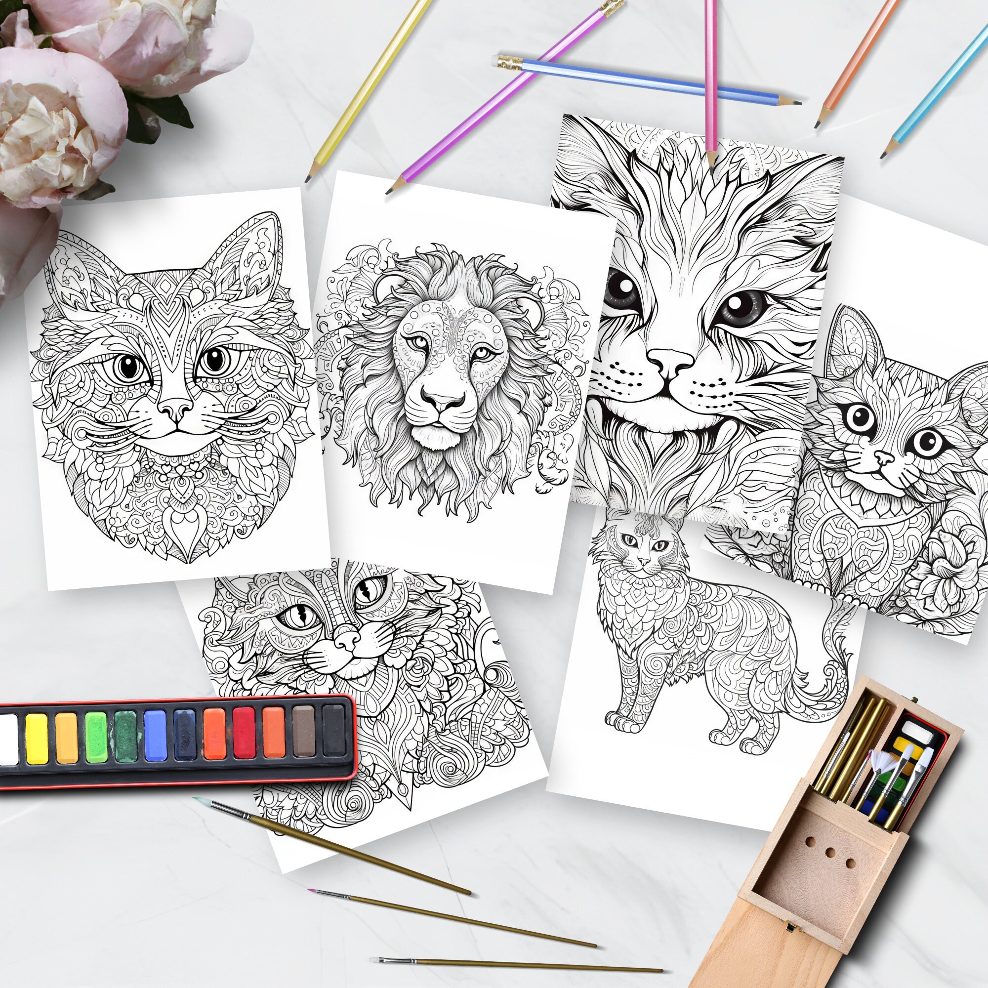 Cat Coloring Therapy for Mindfulness, Feline Color Sheets Pages for ...