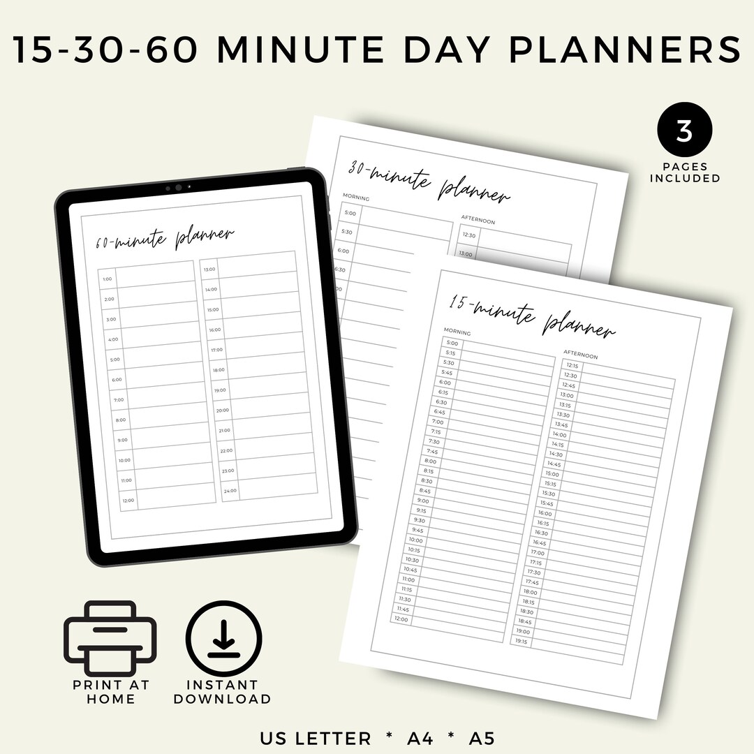 Printable 30 Minute Day Planner, 15, 60, Daily Diary, Hourly Schedule ...