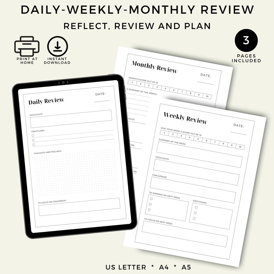 Daily Review, Printable, Weekly Journal, Monthly Reflection, Gratitude ...