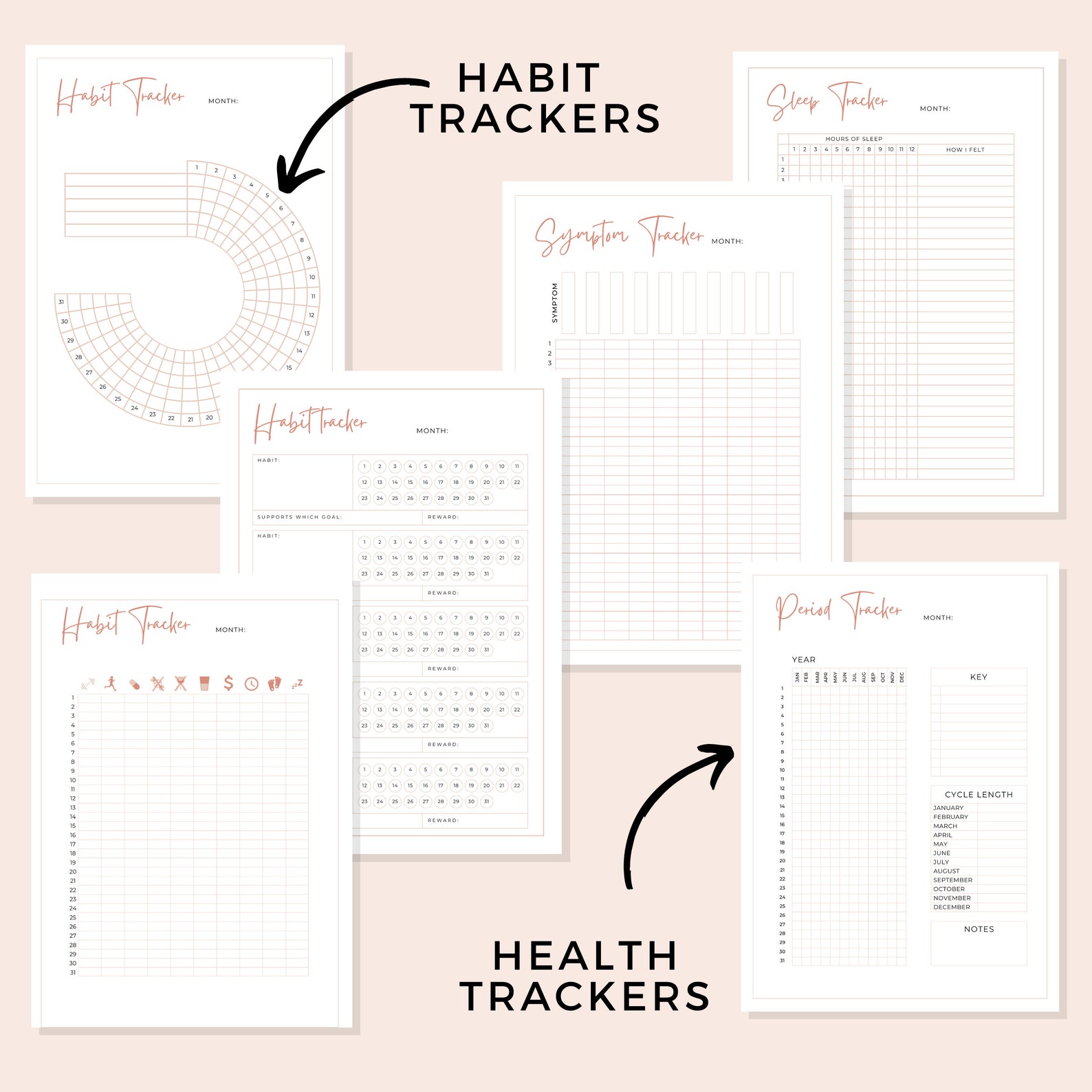 Health Trackers, Printable, Symptoms, Periods, Mood, Sleep, Habits ...