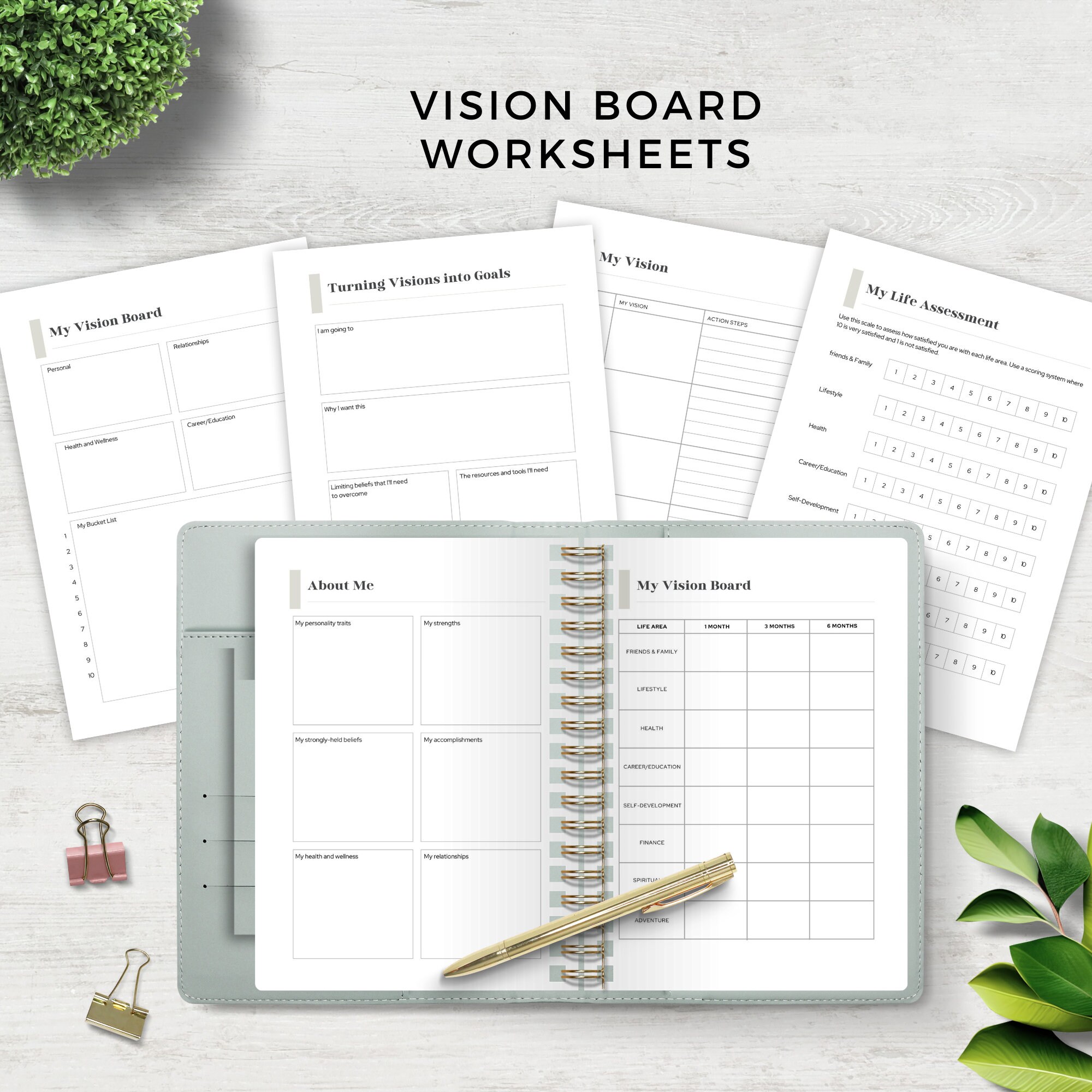 Vision Board and Goal Setting Worksheets, SMART Goal Planner Task ...