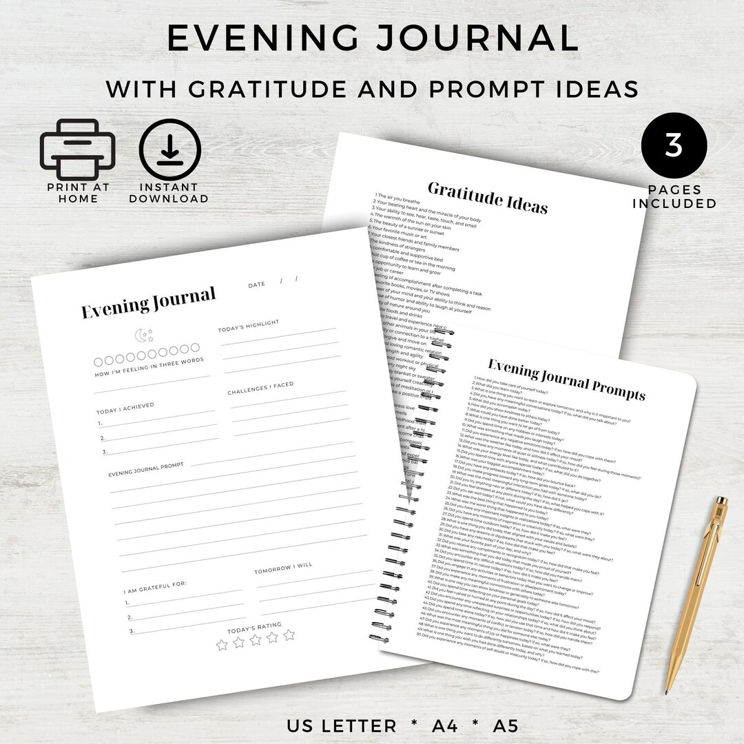 Evening Journal Prompts With Template, Printable, Daily Reflections ...
