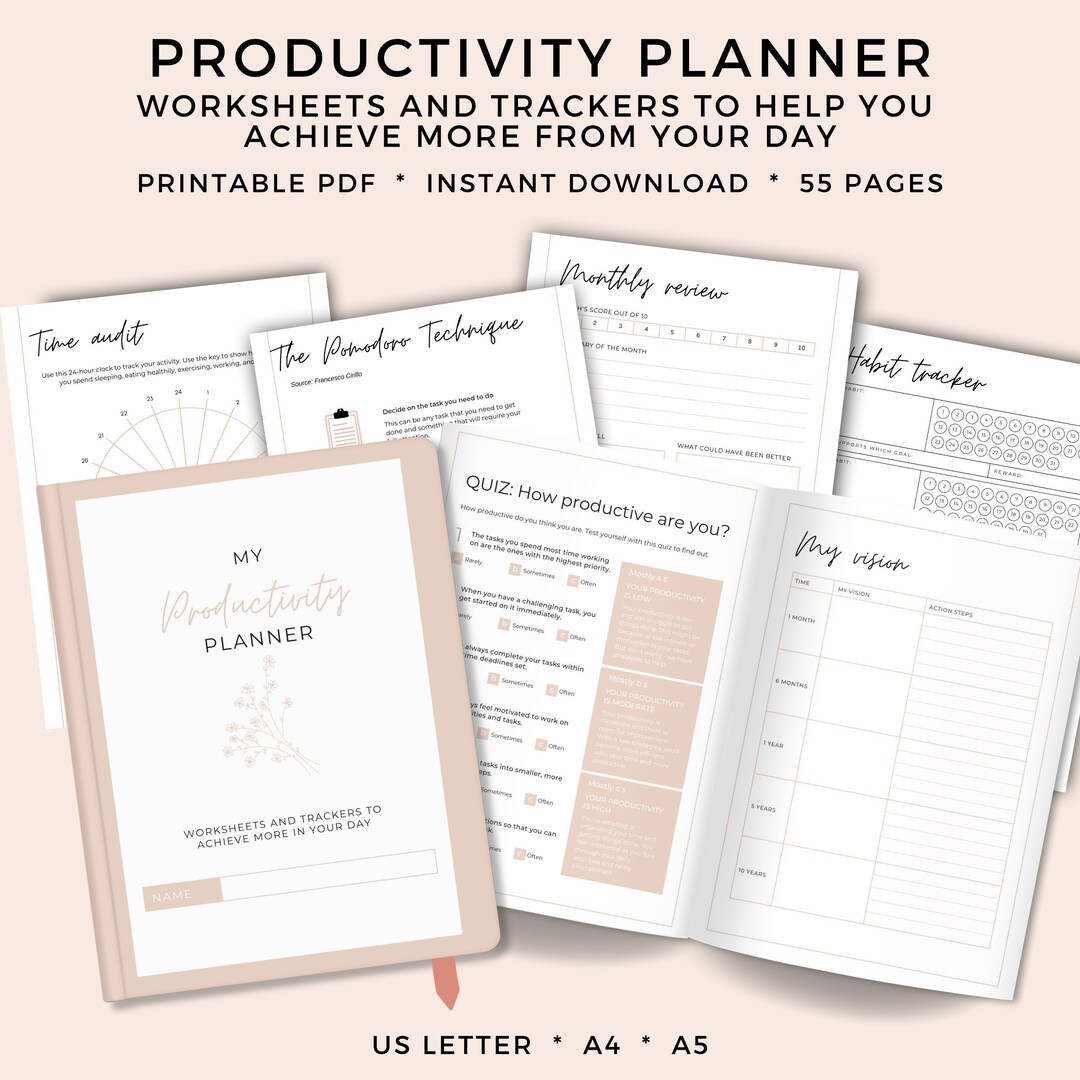 Printable Productivity Planner, Goal Tracker, Workbook, Time Management ...