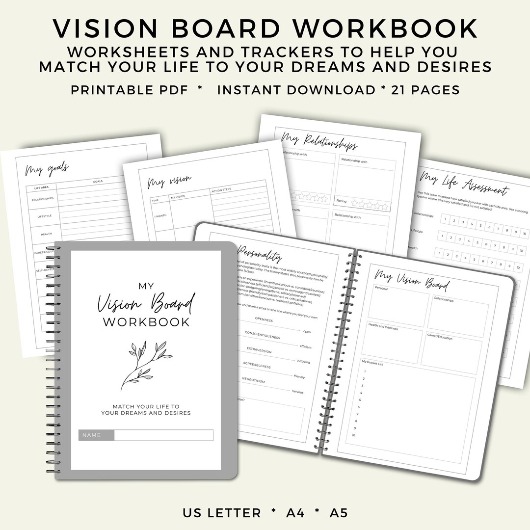 Printable Vision Board Workbook, Goal Planner, Kit, Journal Prompts ...