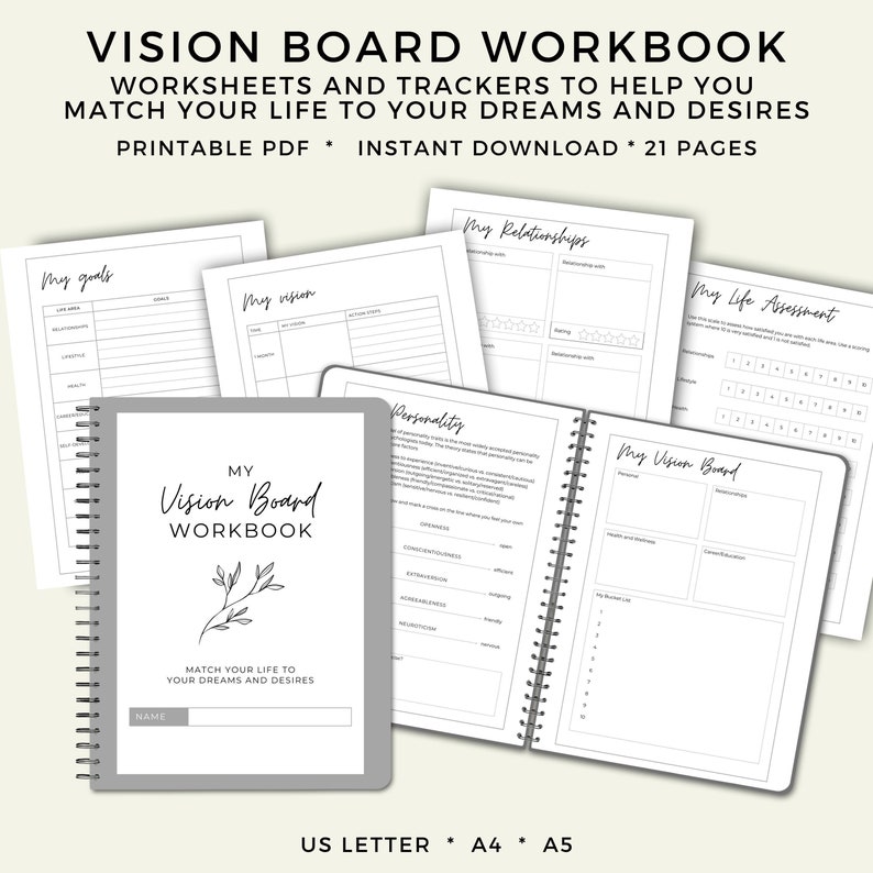 Printable Vision Board Workbook, Goal Planner, Kit, Journal Prompts ...