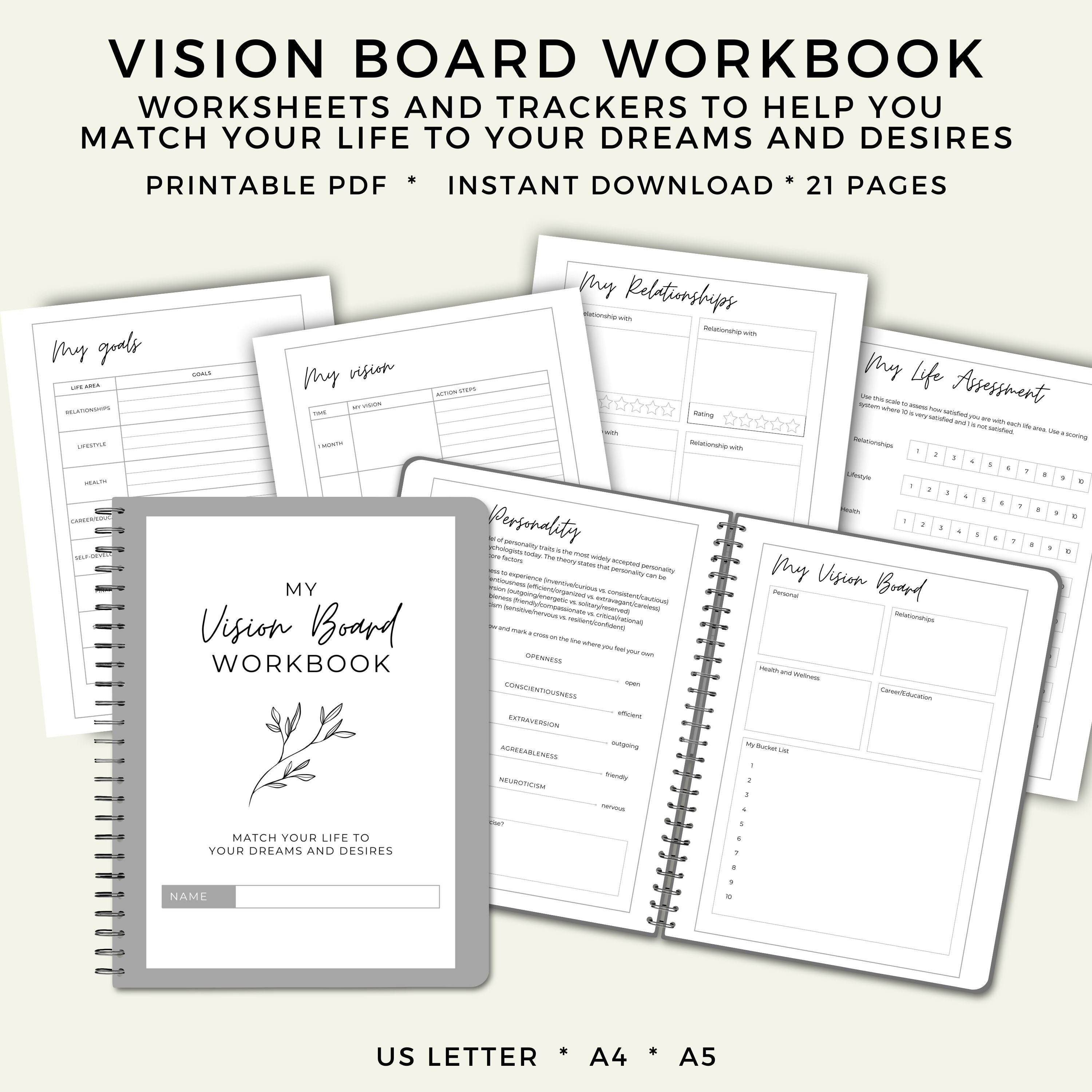 Printable Vision Board Workbook, Goal Planner, Kit, Journal Prompts ...