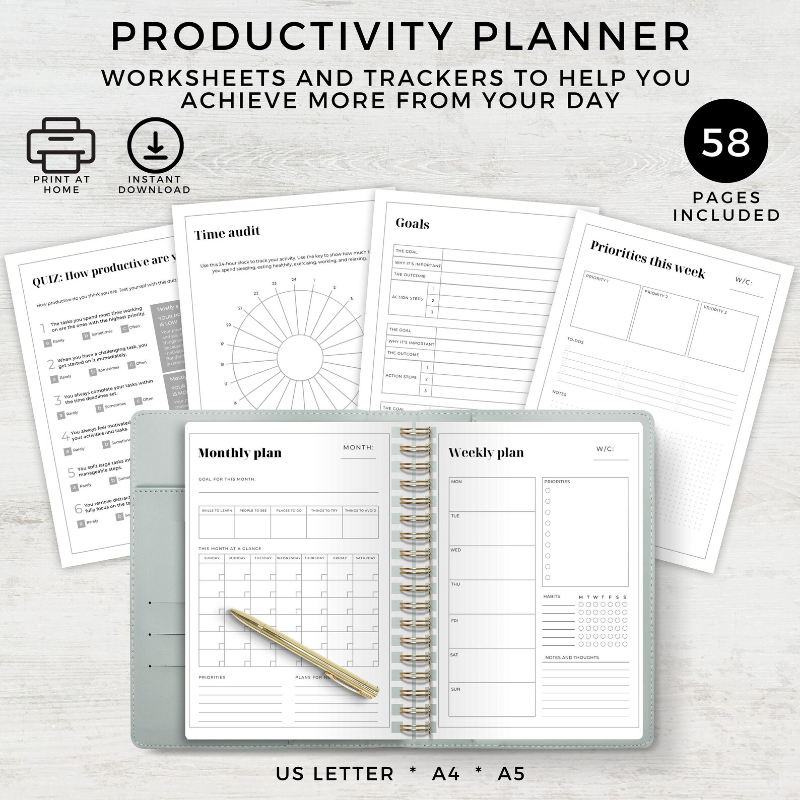 Productivity Planner PDF, Printable, Daily, Weekly, Monthly, Yearly ...