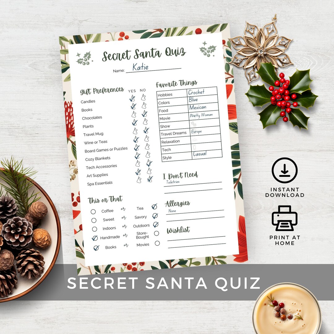 Secret Santa Quiz, Printable Christmas Gift Swap Template for Family ...