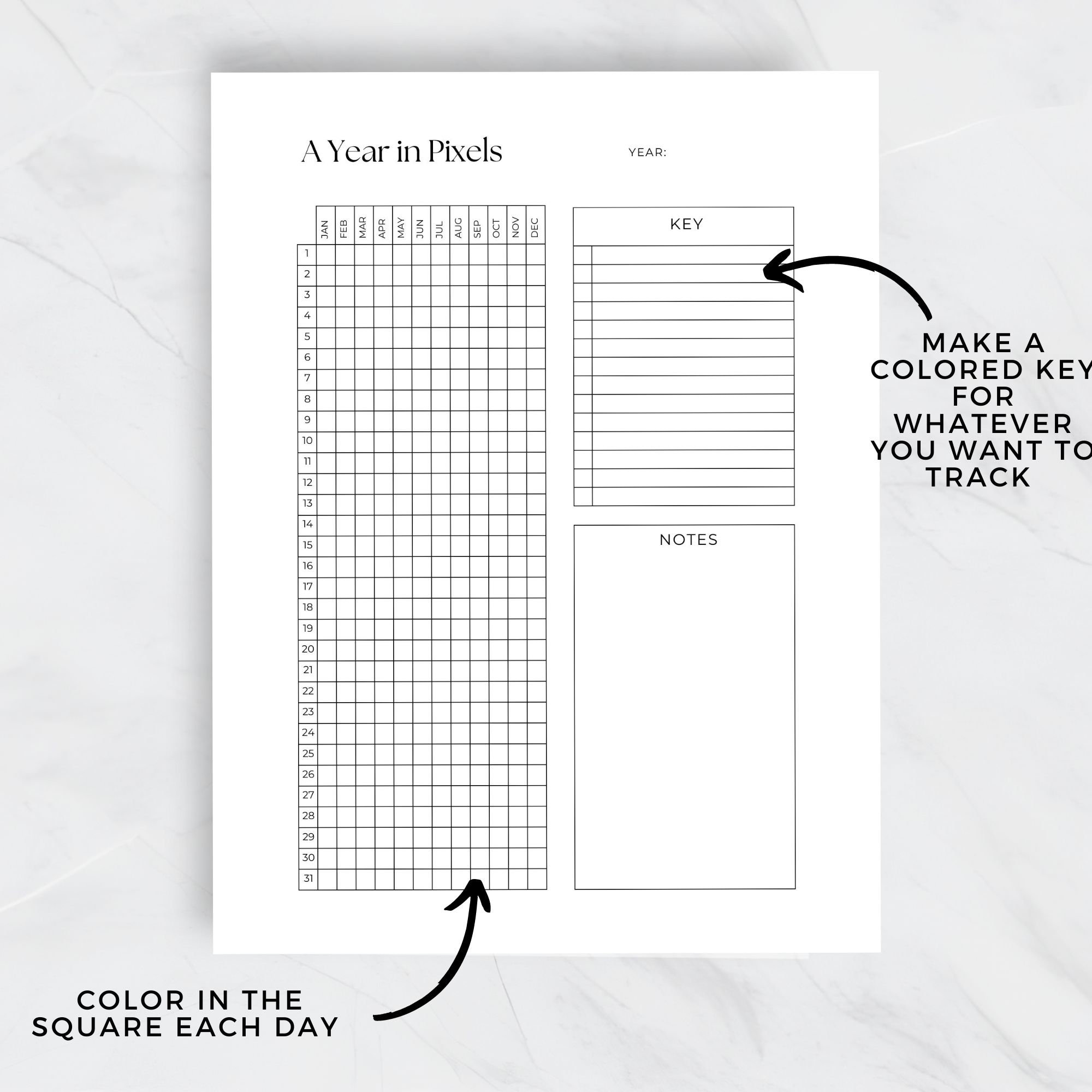 A Year in Pixels Journal Page, Printable PDF, Annual Mood Tracker ...