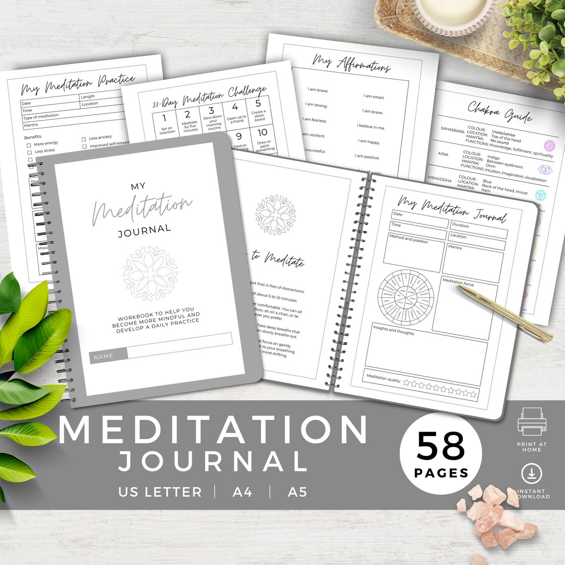 Meditation Journal, Printable & Digital, Daily Practice Workbook ...