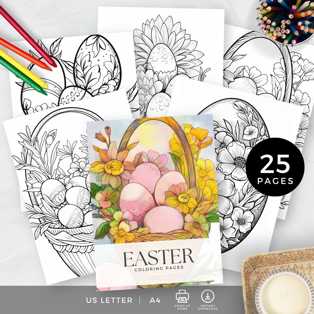 Easter Coloring Sheets for Mindfulness, Printable Bunny and Egg Basket ...