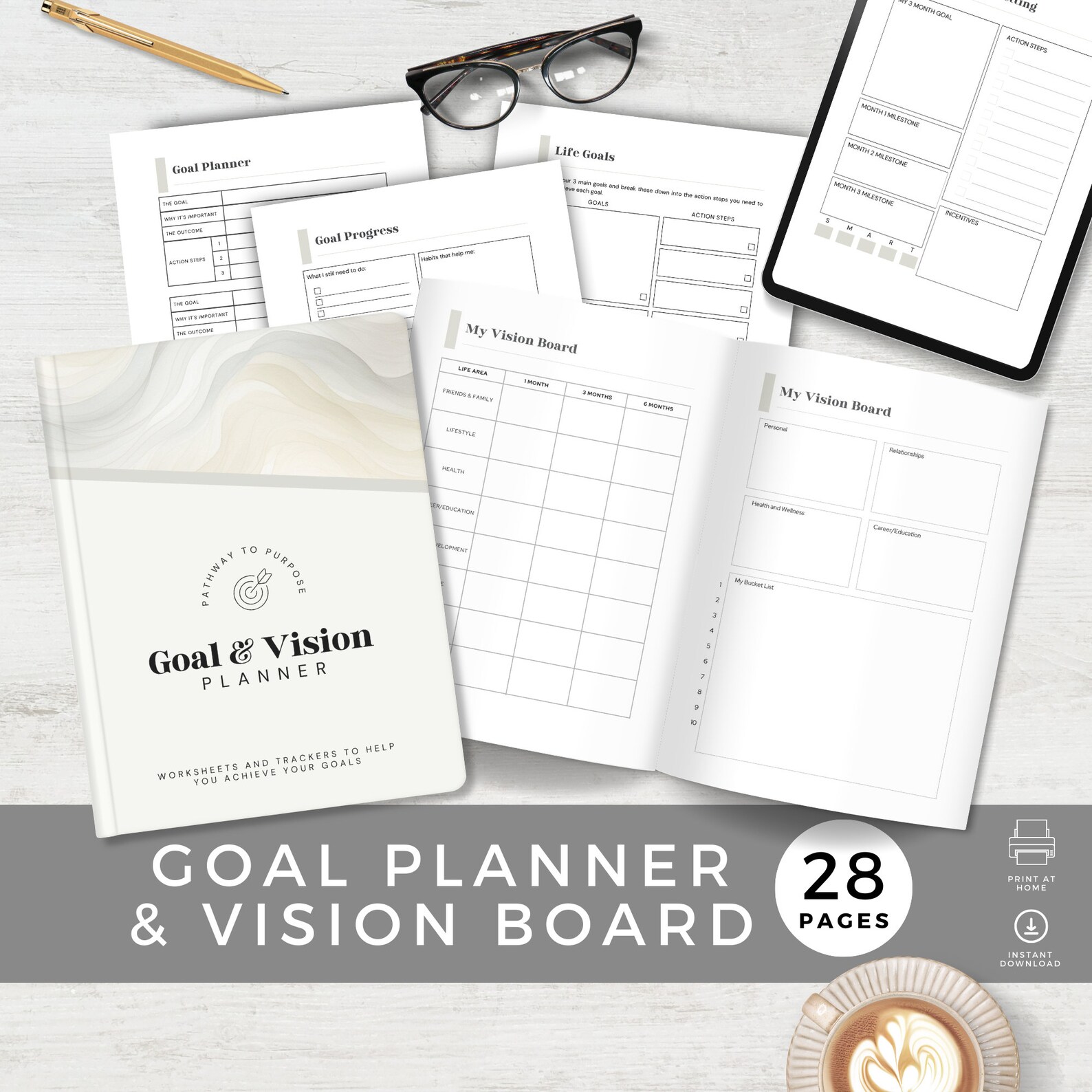 Vision Board and Goal Setting Worksheets, SMART Goal Planner Task ...