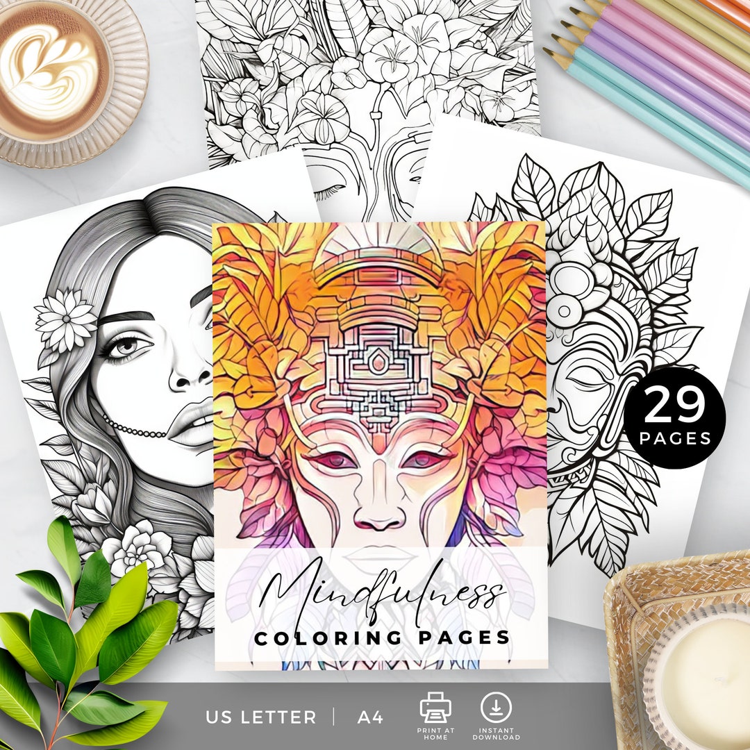 Mindful Coloring Page for Stress Relief, Faces Coloring Book, Color ...