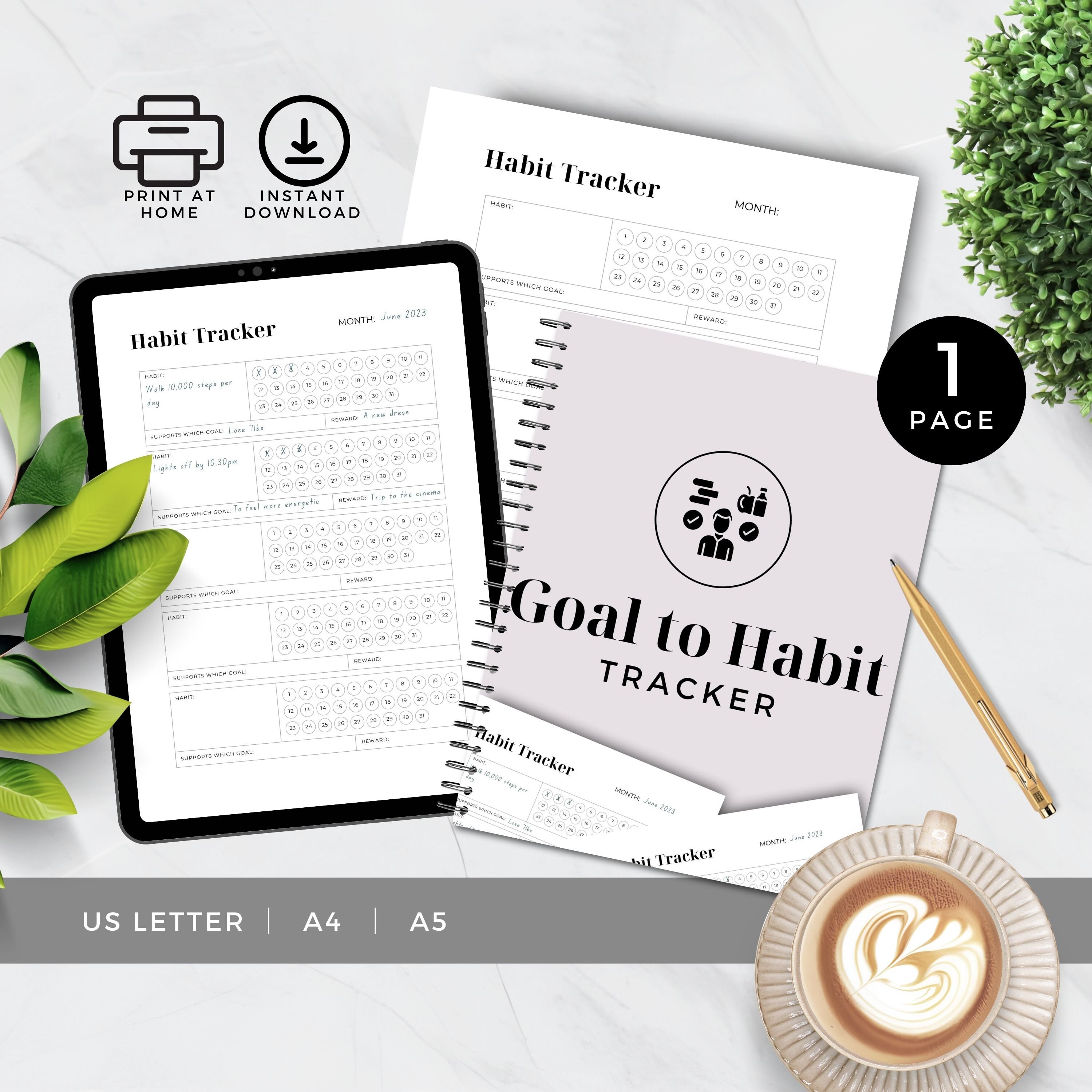 Goal Habit Tracker Printable for Bujo Dot Journals and Planners, Daily ...