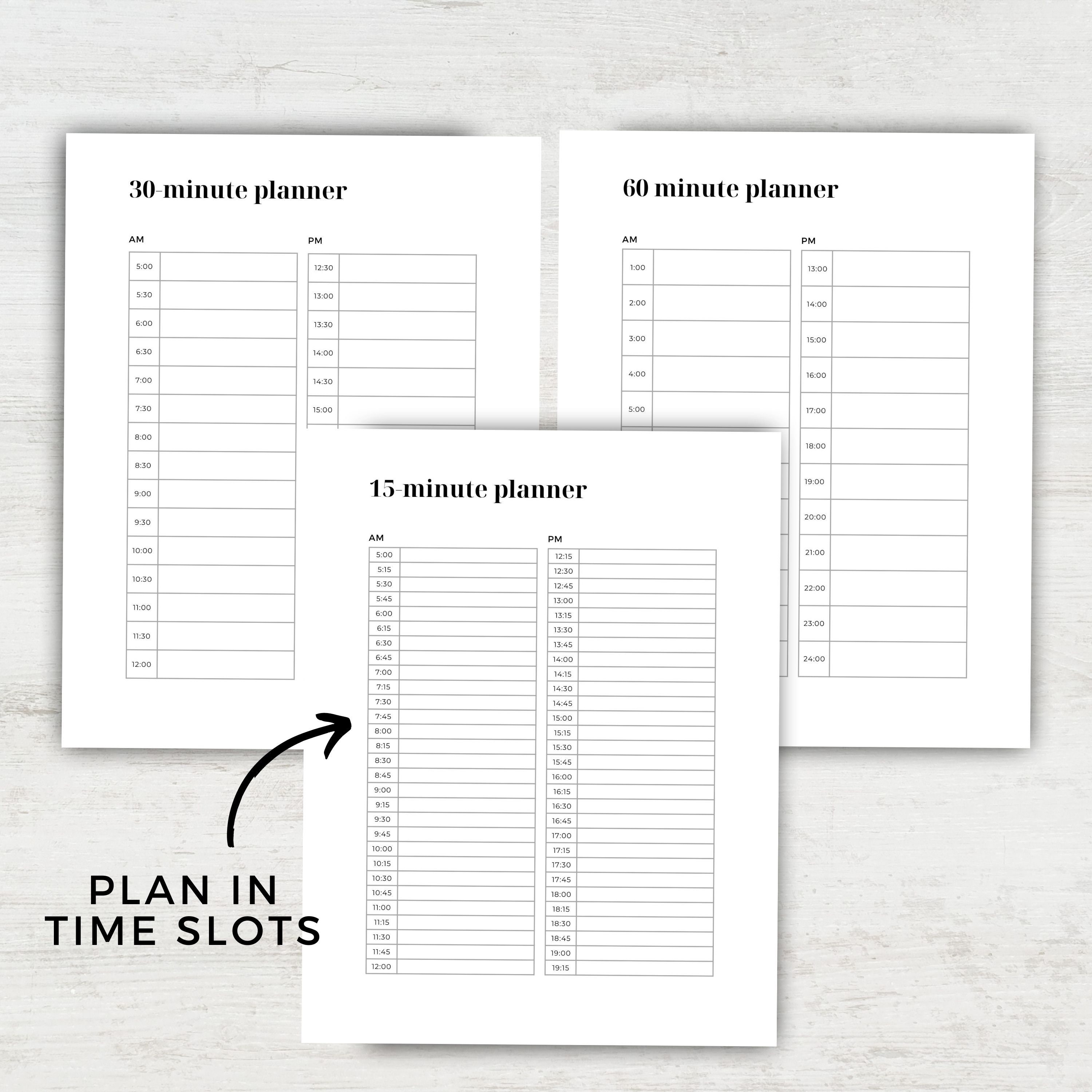 Printable 30 Minute Day Planner, 15, 60, Time Blocking, Hourly Schedule ...