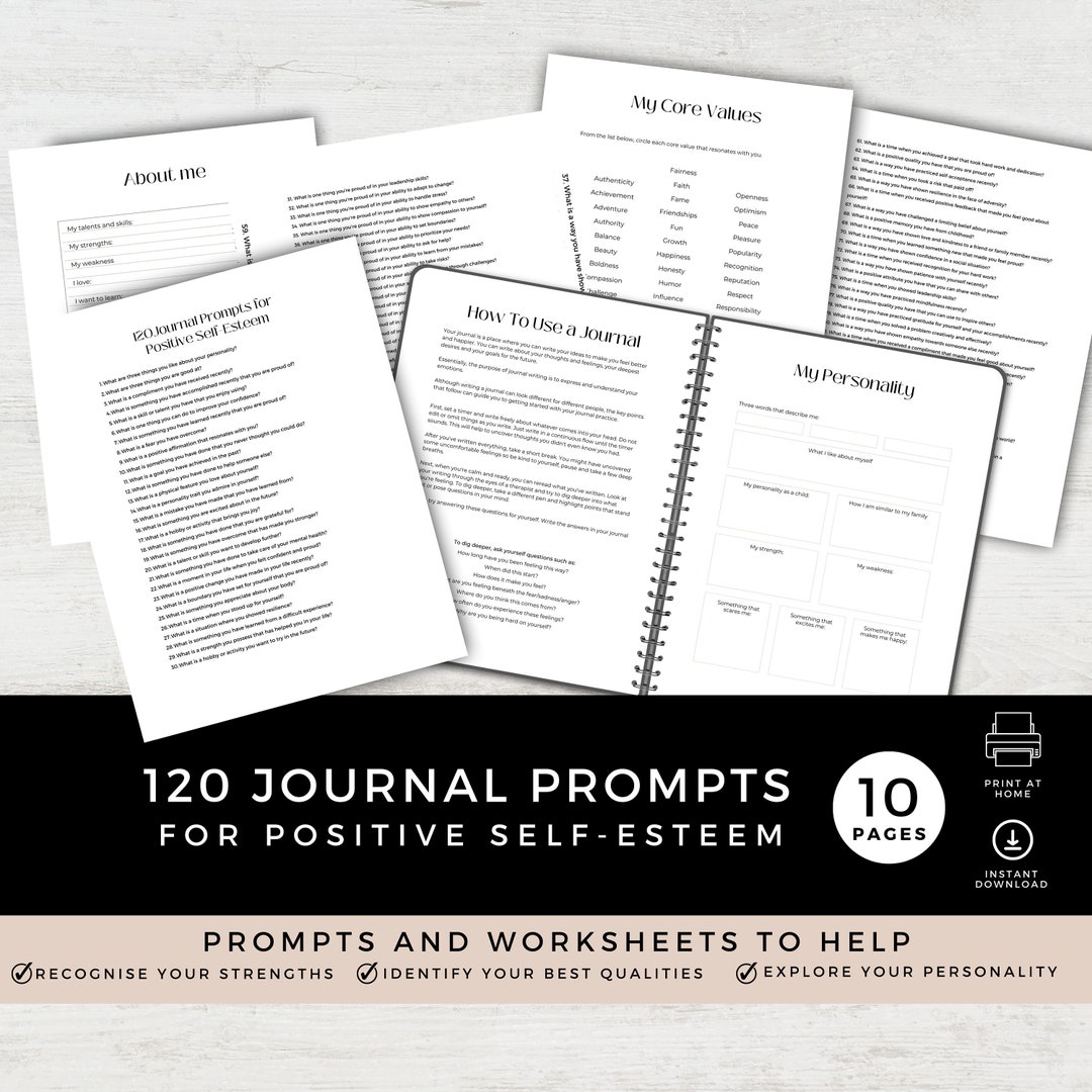 Self Esteem Journal Prompts, Printable, Start to Journal Guide, Daily ...