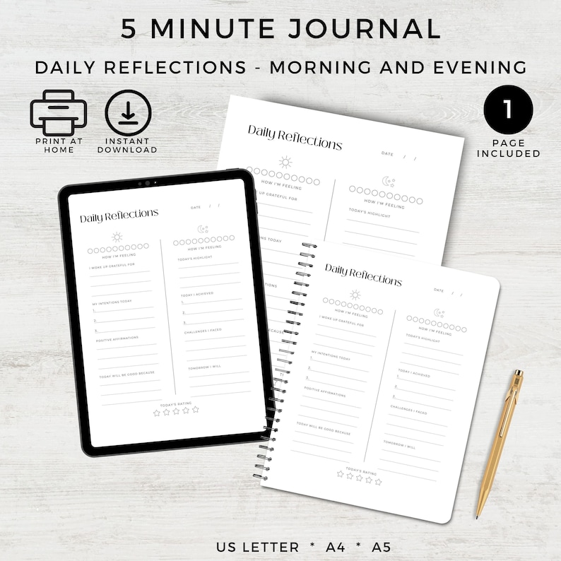 5 Minute Journal, Printable PDF, Morning Intentions, Evening ...