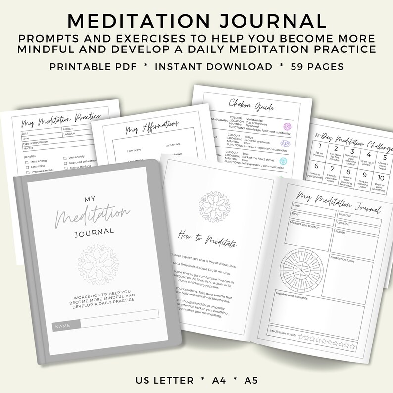 Meditation Journal, Printable & Digital, Daily Practice Workbook ...