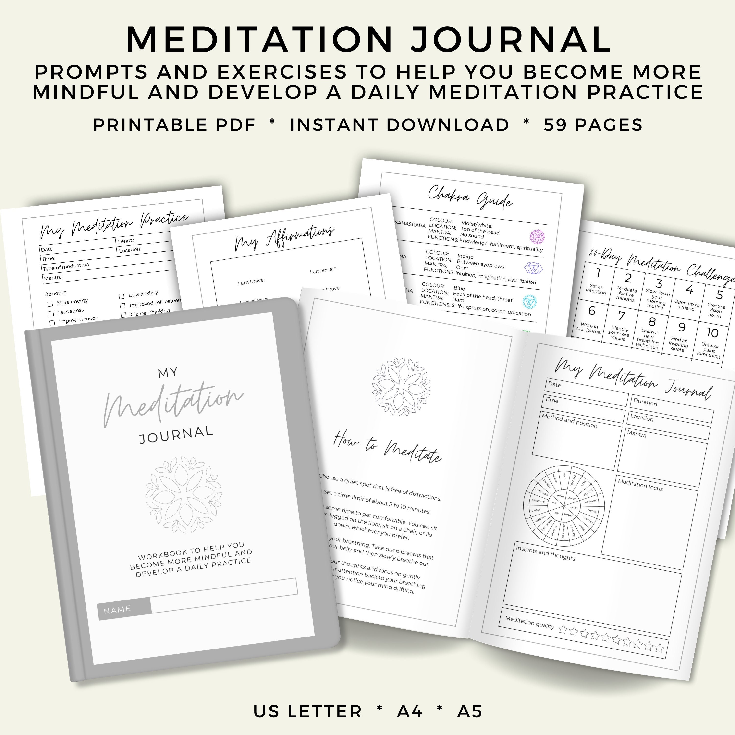 Meditation Journal, Printable & Digital, Daily Practice Workbook ...