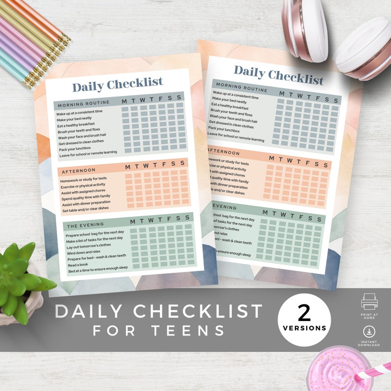 Daily Checklist for Teens, Chore Tracker, Weekly Routine Template, Self ...