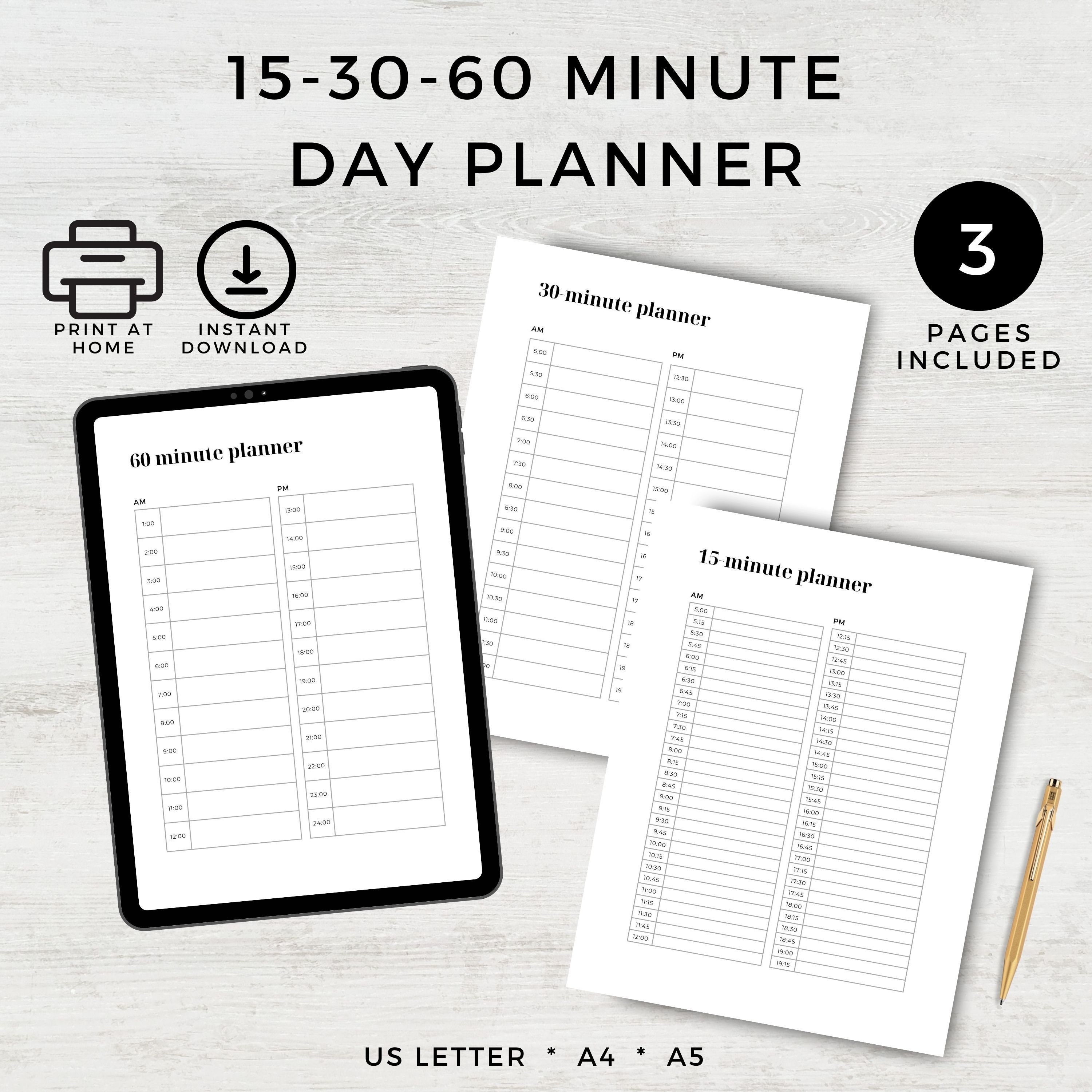 Printable 30 Minute Day Planner, 15, 60, Time Blocking, Hourly Schedule ...