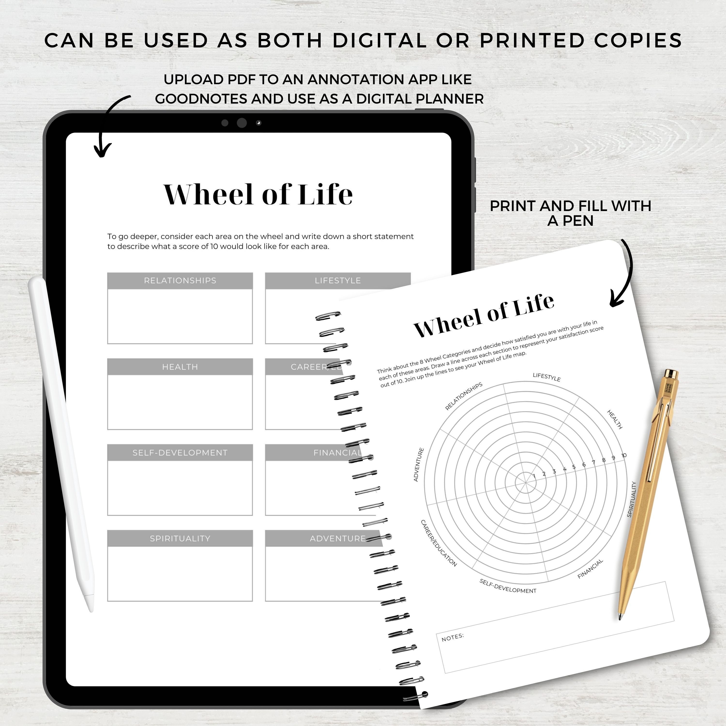 Wheel of Life Planner Printable, Level 10, Goal Setting Template, Self ...