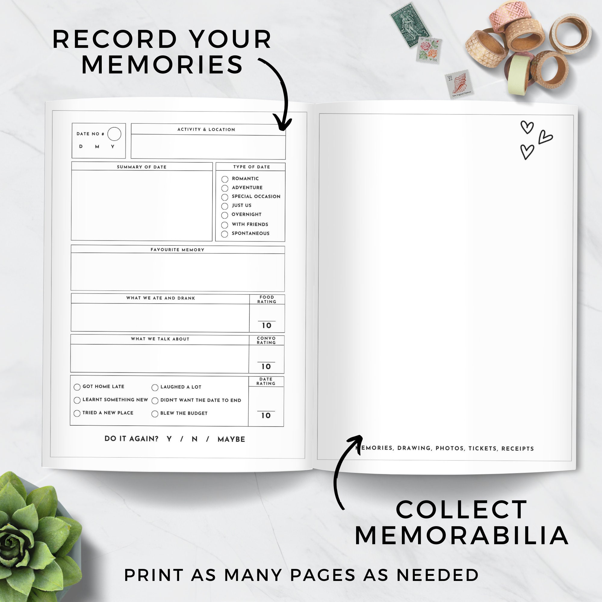 Date Night Journal, Printable, Couples, Memory Keeping, Valentines ...