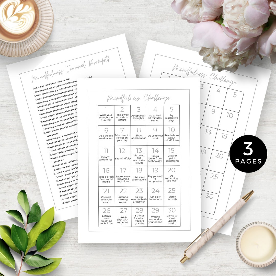 Mindfulness Worksheets Pdf, 30 Day Challenge, Daily Journal Prompts ...