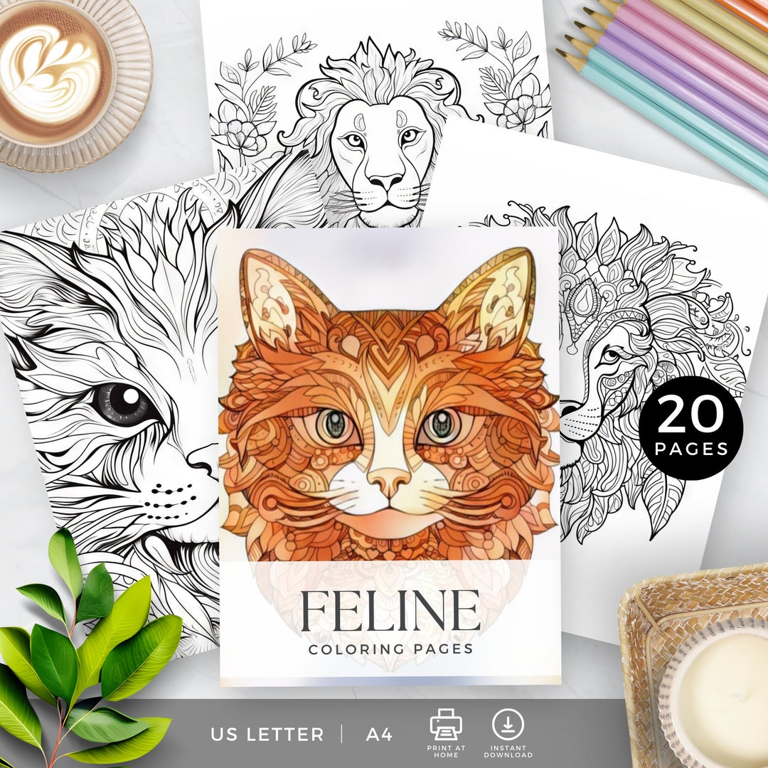 Cat Coloring Therapy for Mindfulness, Feline Color Sheets Pages for ...