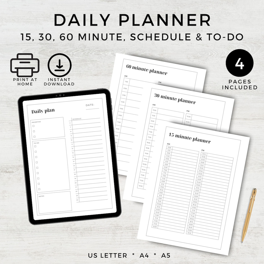 Target Daily Planner, Printable, 15, 30, 60 Minute Day, Diary, Hourly ...