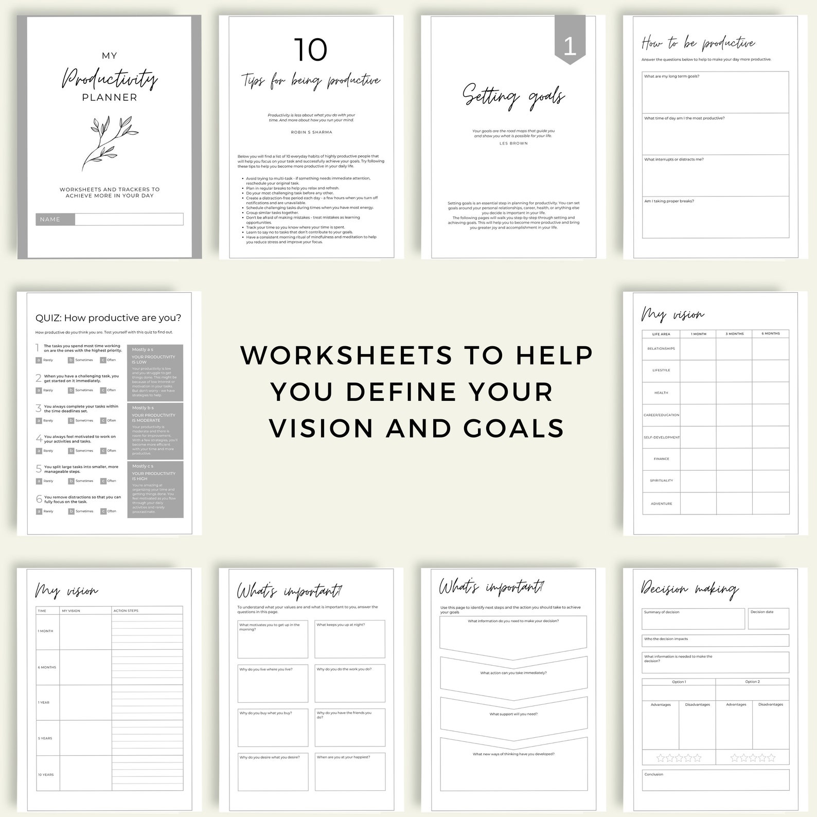 Productivity Planner, Goal Setting Tracker, Time Management Worksheets ...