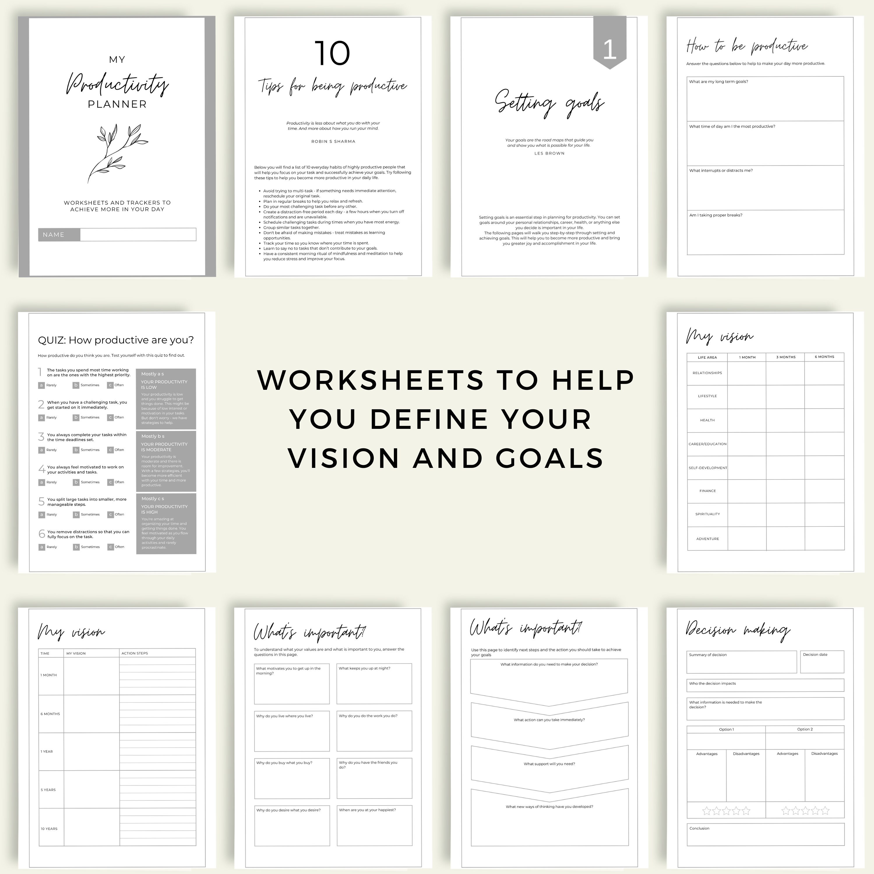 Productivity Planner, Goal Setting Tracker, Time Management Worksheets ...