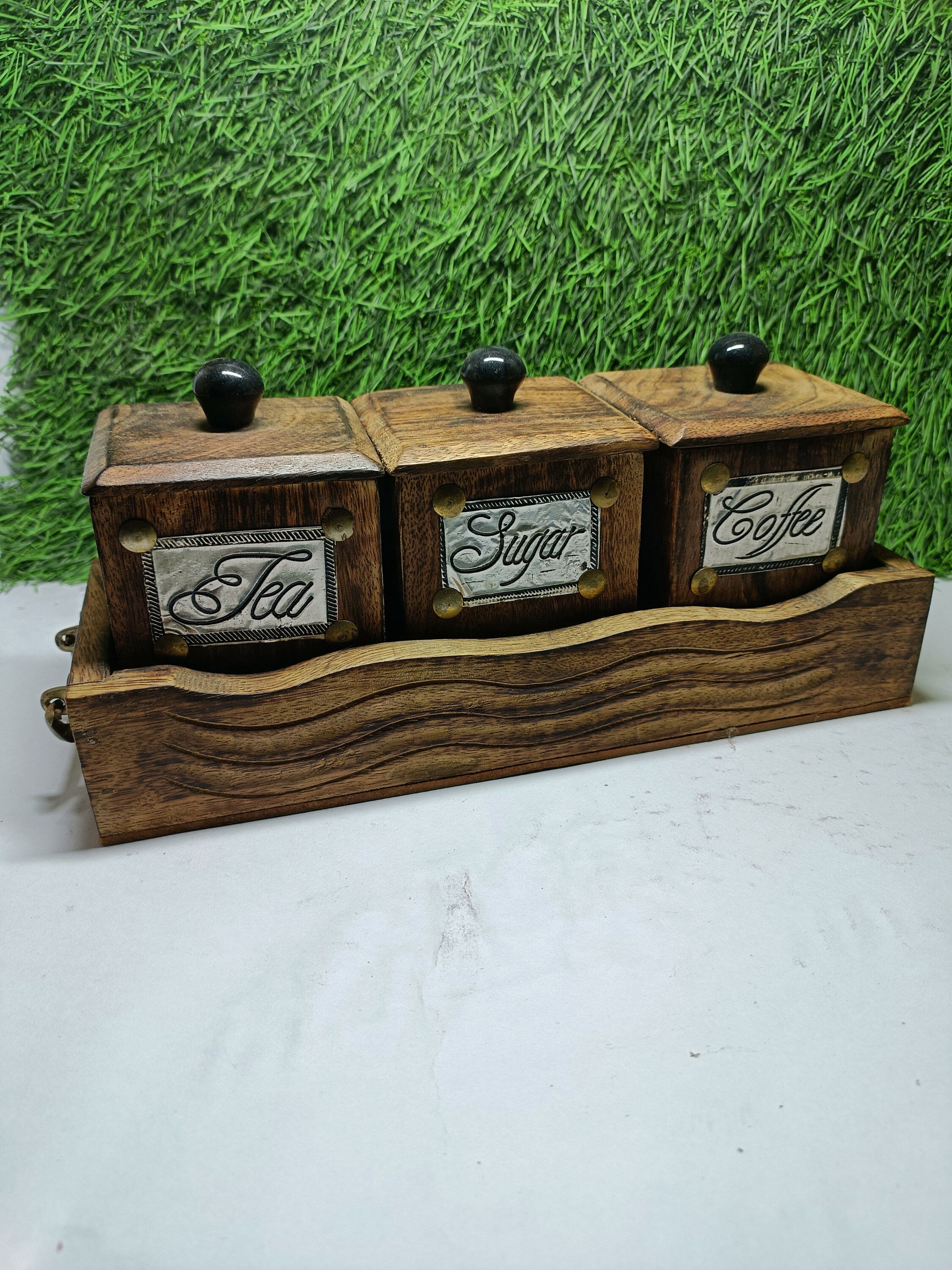 Wooden Tea,coffee,sugar 3 Container Set in Wooden Tray Container ...