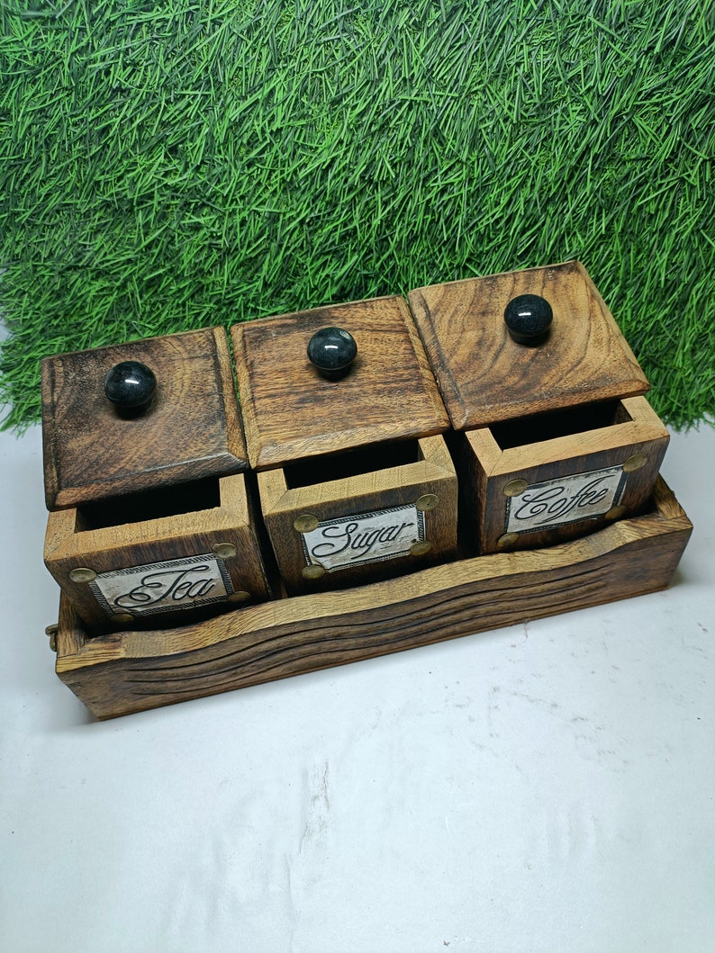 Wooden Tea,coffee,sugar 3 Container Set in Wooden Tray Container ...
