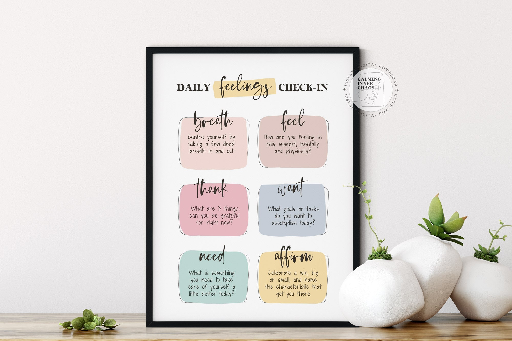 Feelings Check-in Poster, Daily Mindfulness Checklist, Self Care Print ...
