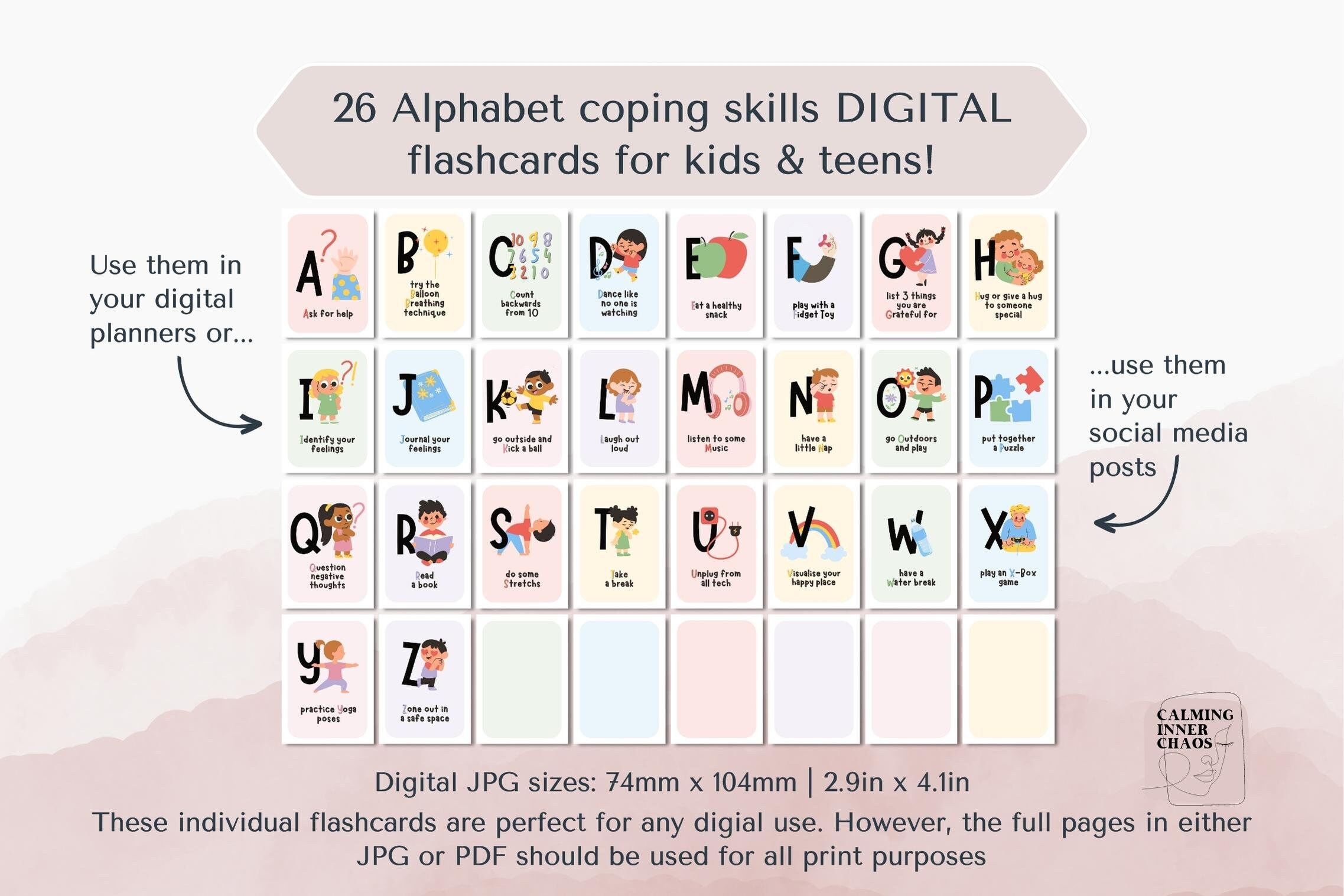26 Coping Skills Alphabet Printable Flashcards for Kids & Teens, Self ...