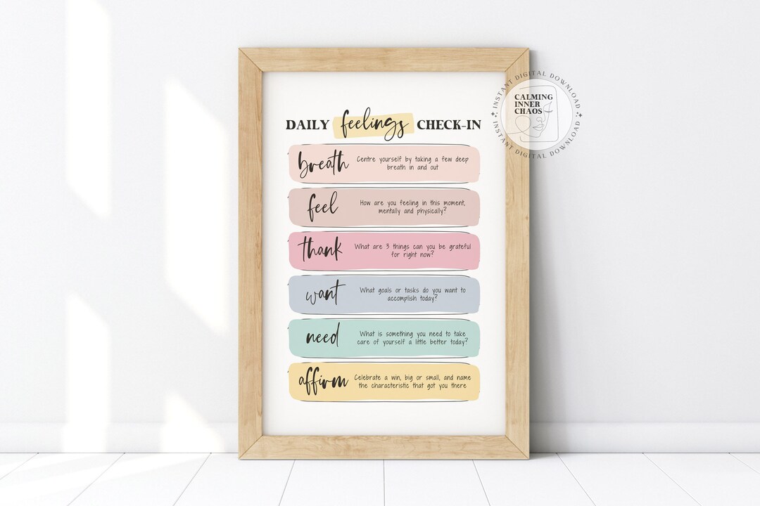 Feelings Check-in Poster, Daily Mindfulness Checklist, Self Care Print ...