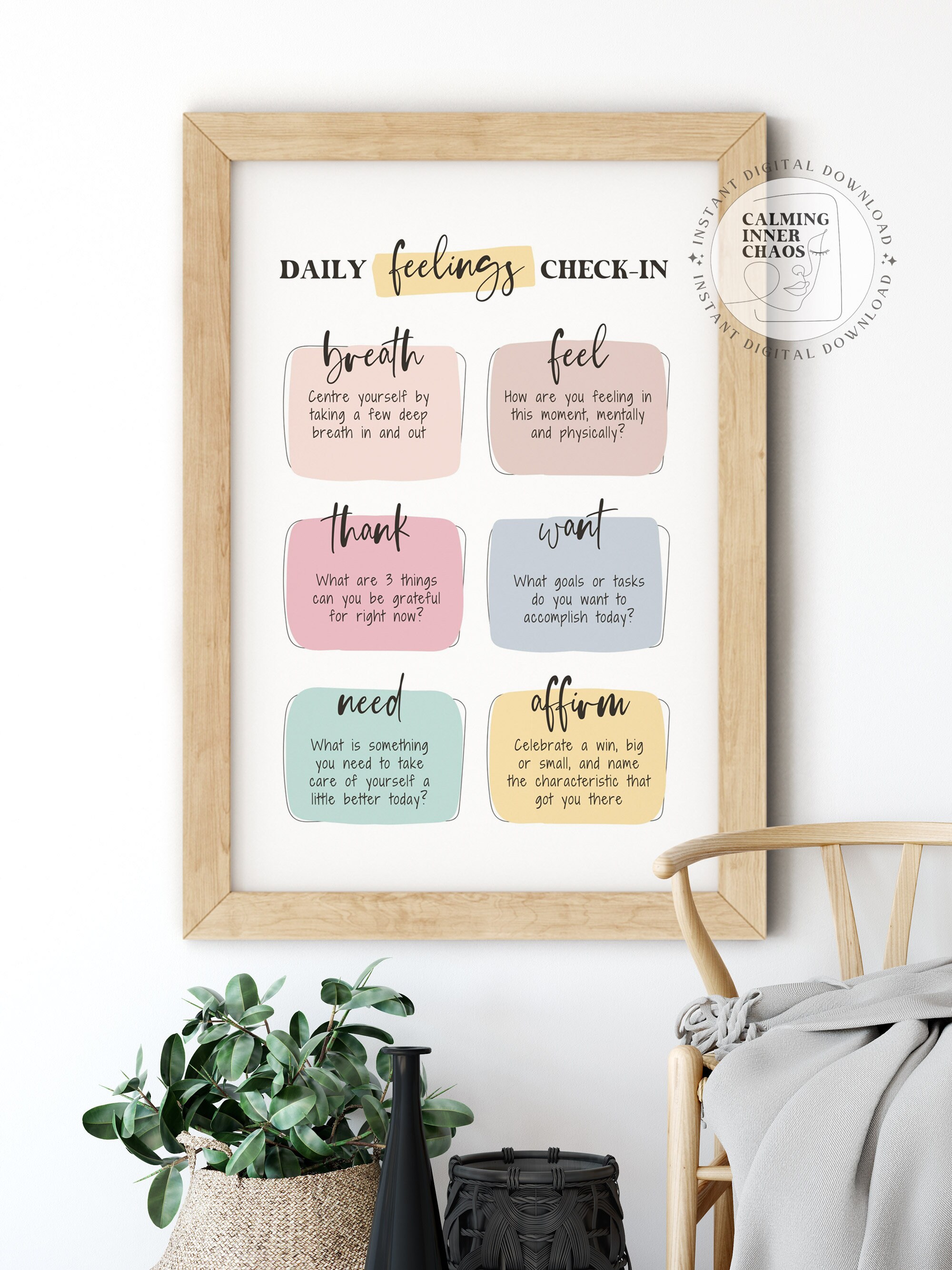 Feelings Check-in Poster, Daily Mindfulness Checklist, Self Care Print ...