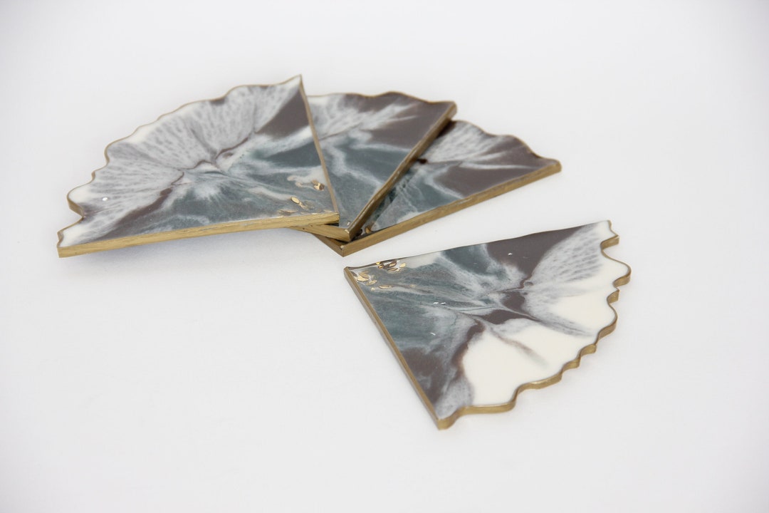 Coaster for Glass I Set of 4 Epoxy Turquoise-white-brown-gold Epoxy ...